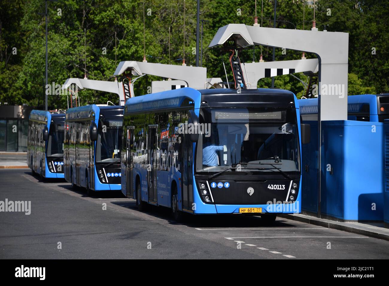 Moscow. Electrobuses at the station of fast physical exercises of the ...