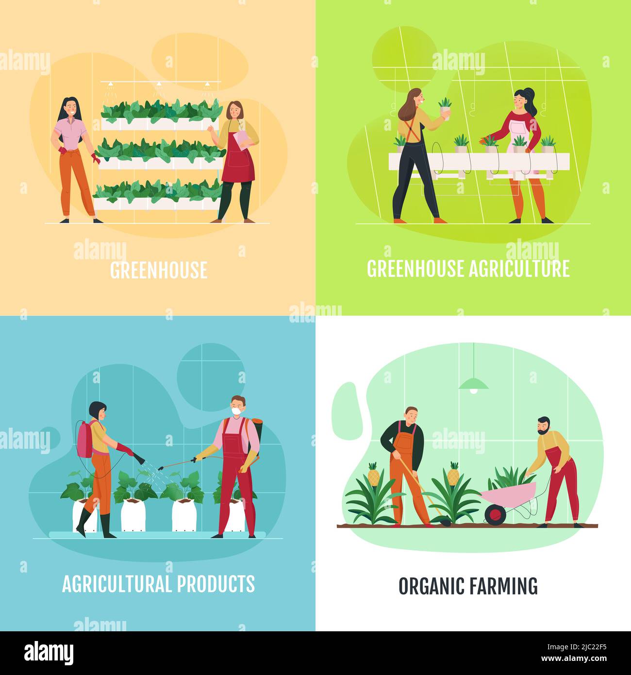 Flat 2x2 icons set with people planting and watering vegetables fruit ...