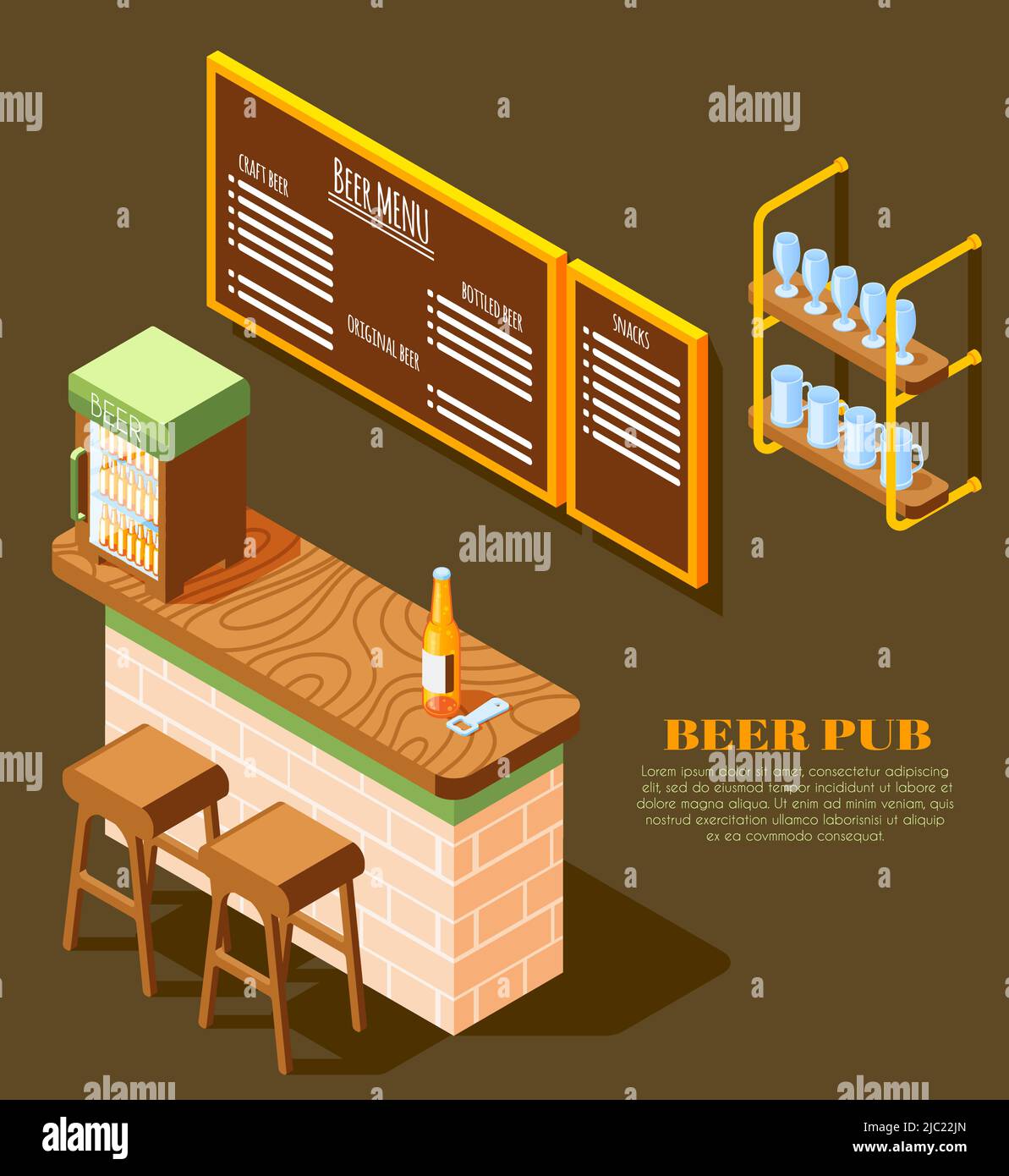Beer pub interior elements isometric background with counter menu board ...