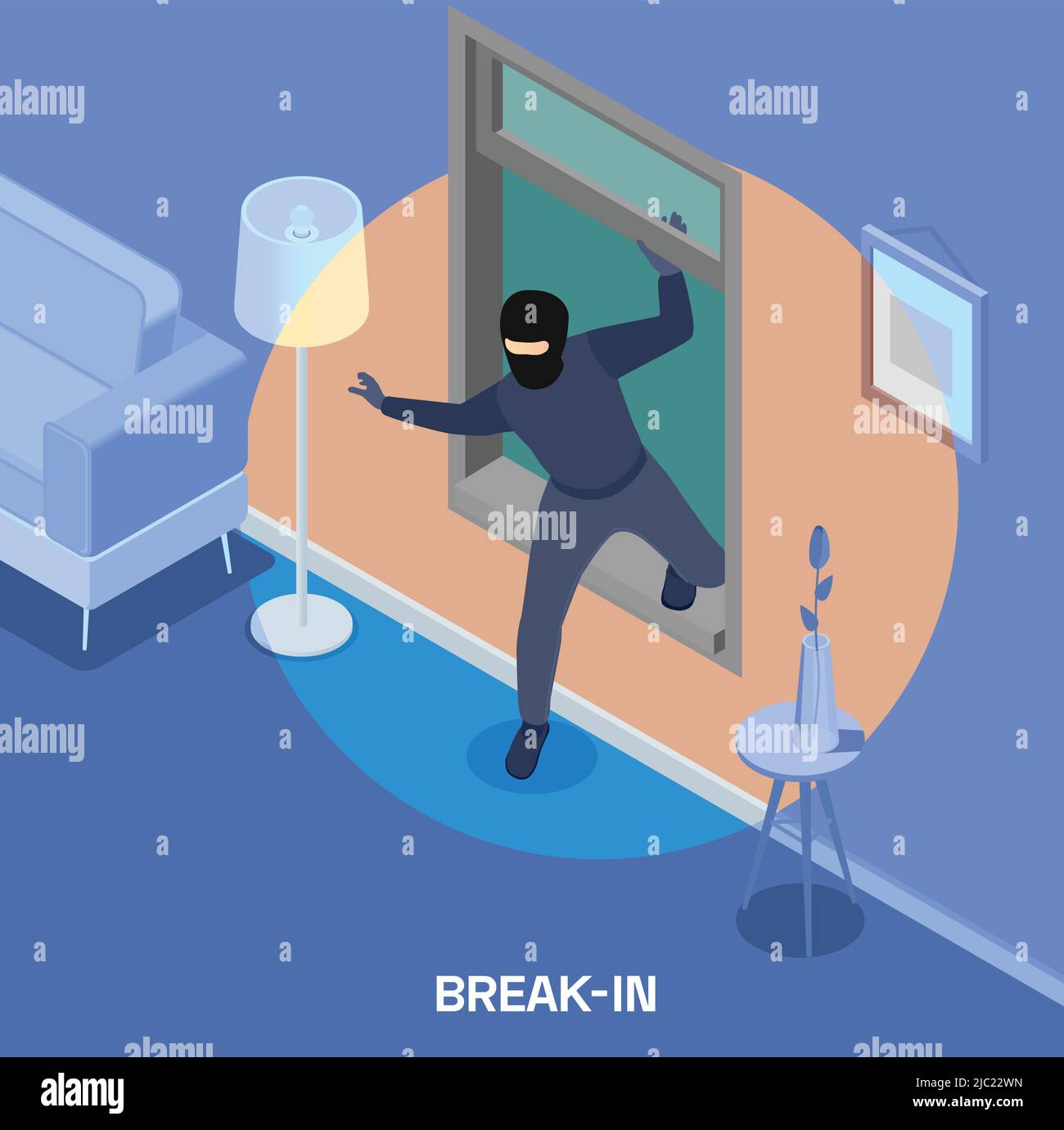 Robbery isometric composition with thief breaking into house through ...
