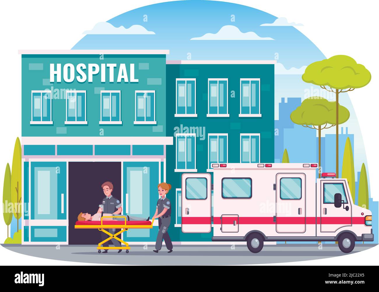 Paramedic ambulance cartoon concept with medical treatment symbols ...
