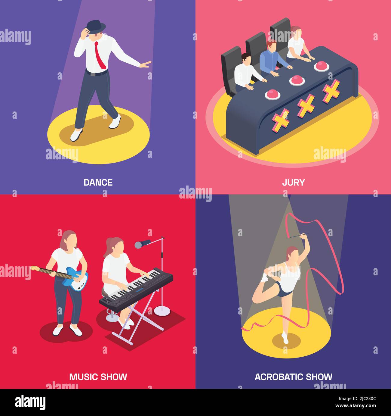 2x2 isometric icons set with jury people singing and dancing at talent ...