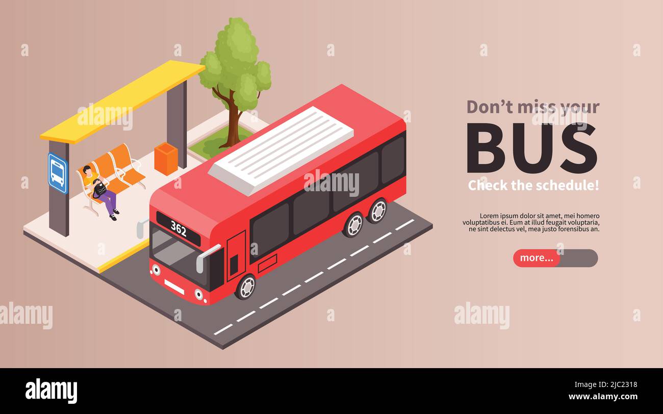 Isometric city public transport stop horizontal banner with editable ...