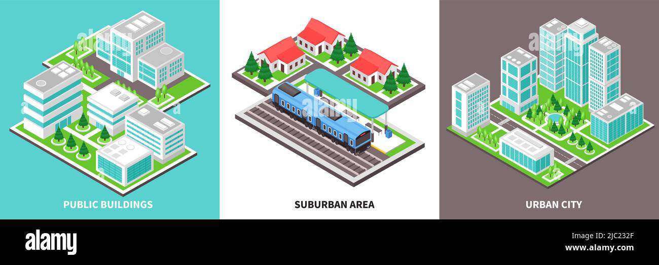 Isometric industrial city design concept with set of square ...