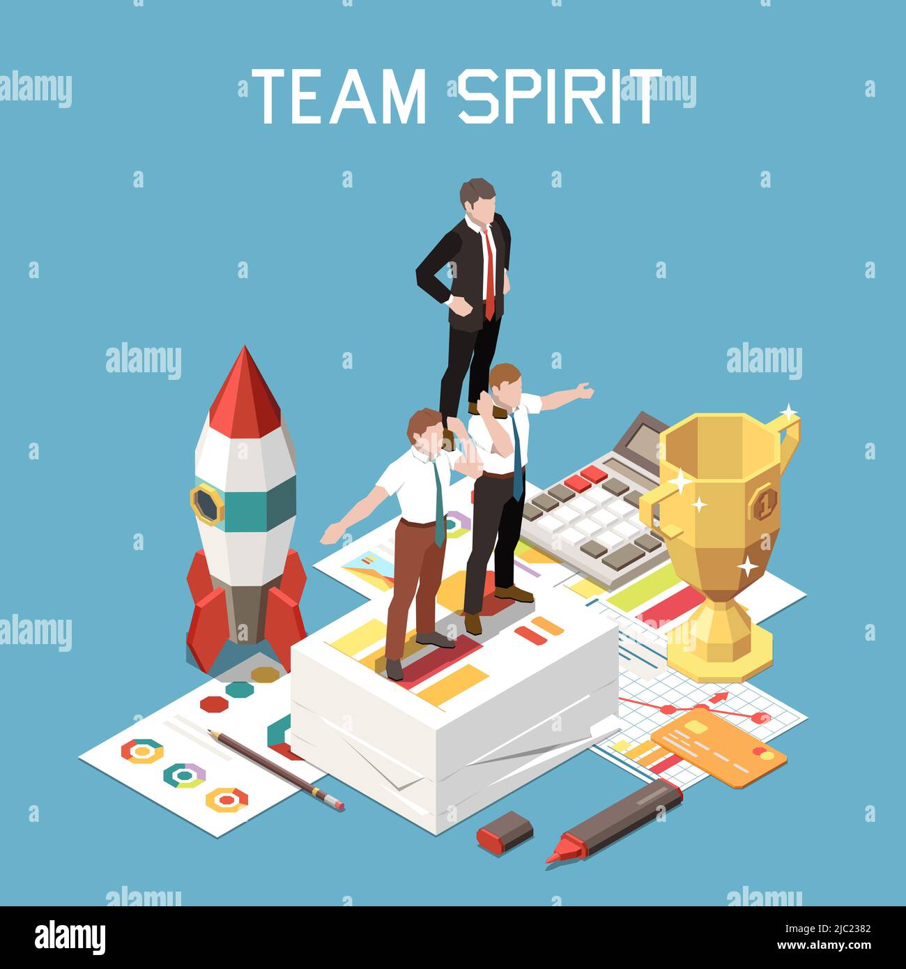 Isometric and colored soft skills concept with team spirit headline and ...