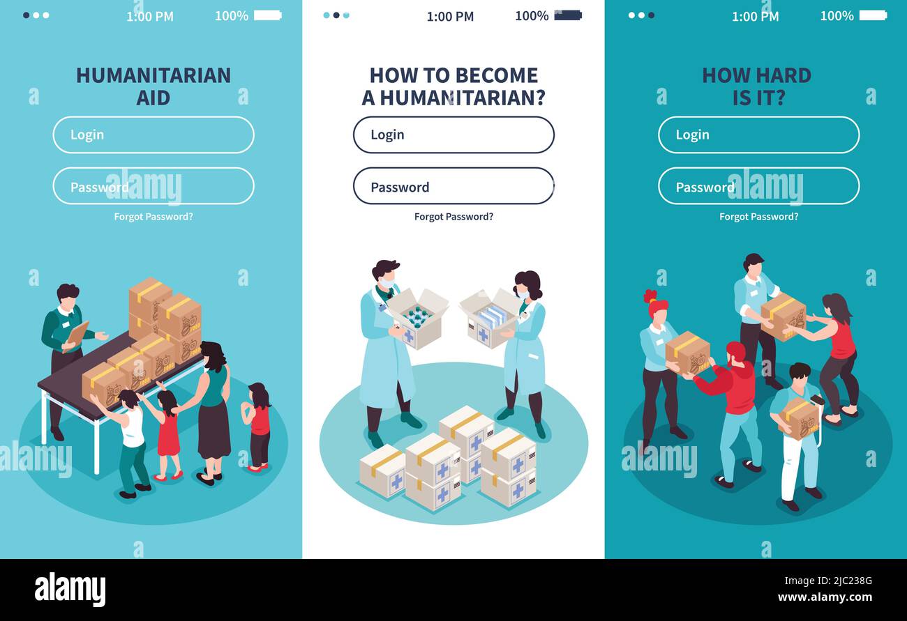 Vertical isometric icons set with login form and volunteers providing ...