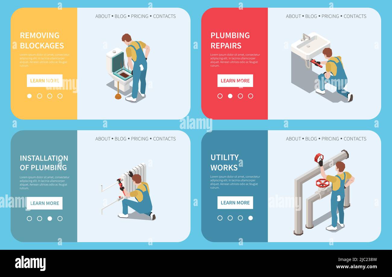 Horizontal plumber isometric banner set with removing blockages ...