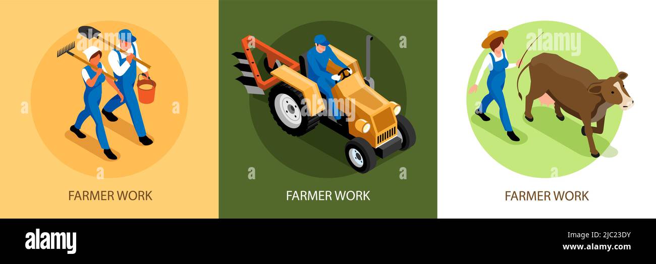 Isometric farming design concept with three square compositions of ...