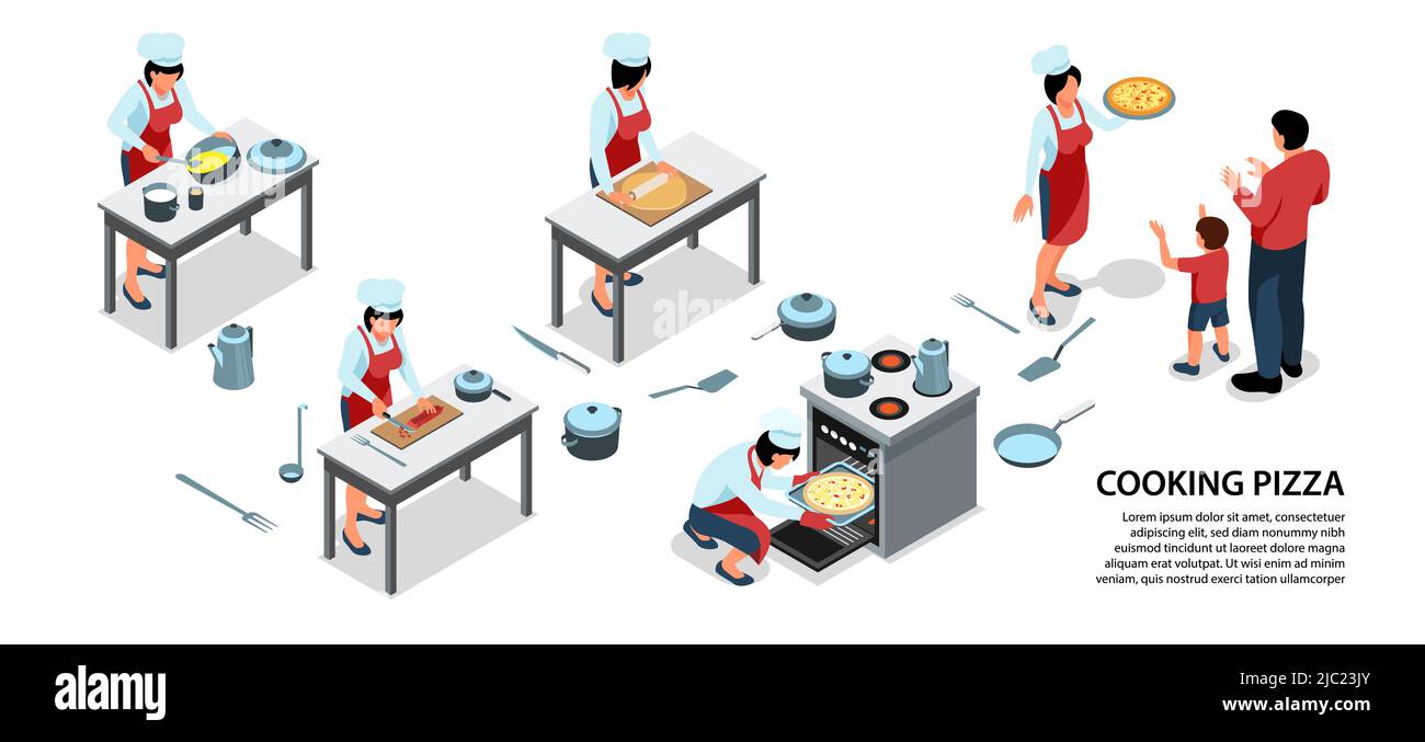 Isometric people cooking infographics with editable text and stages ...