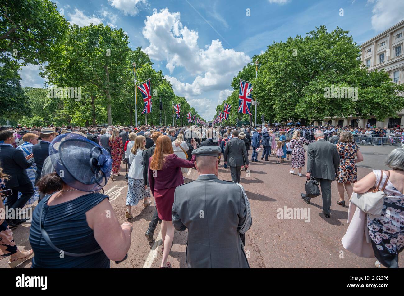 The Mall, London, UK. 2 June 2022. Large crowds of ticket holders leave ...