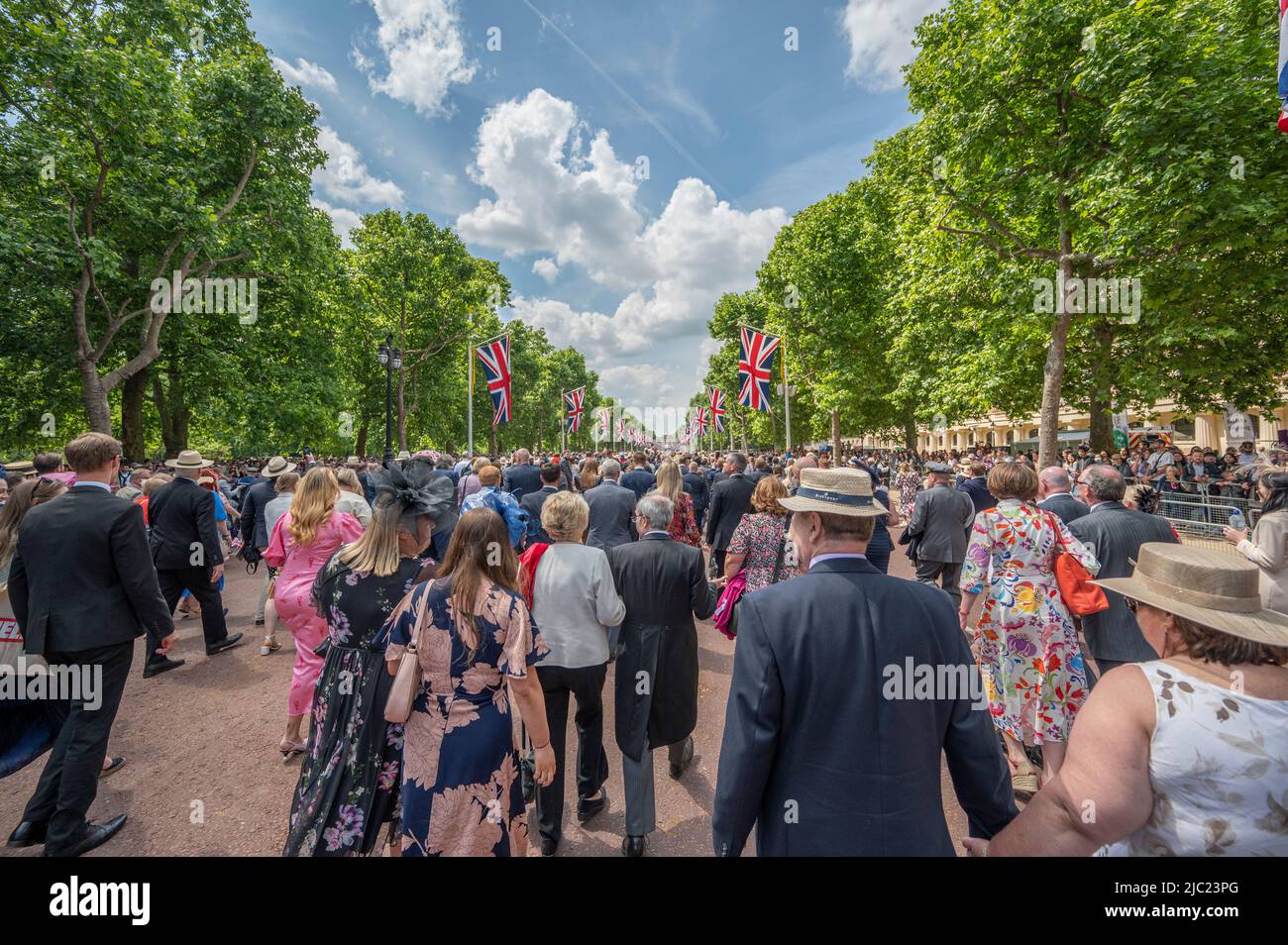 The Mall, London, UK. 2 June 2022. Large crowds of ticket holders leave ...
