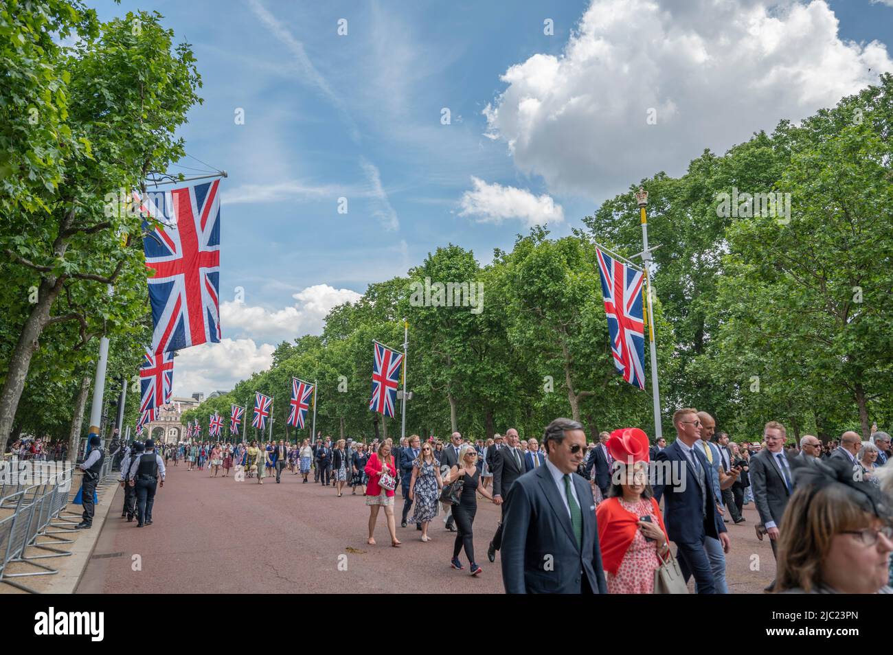 The Mall, London, UK. 2 June 2022. Large crowds of ticket holders leave ...