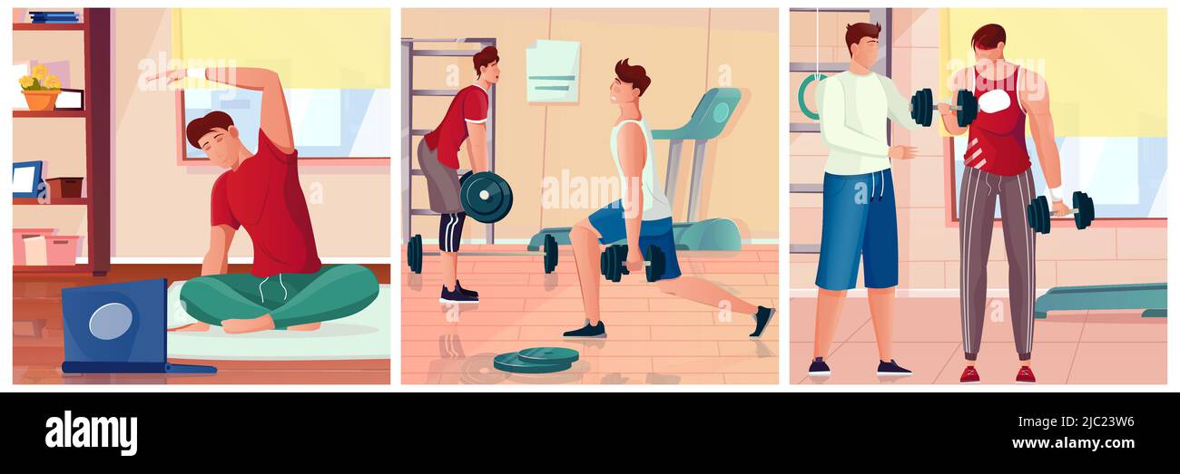 Flat design bodybuilding composition set with people stretching ...