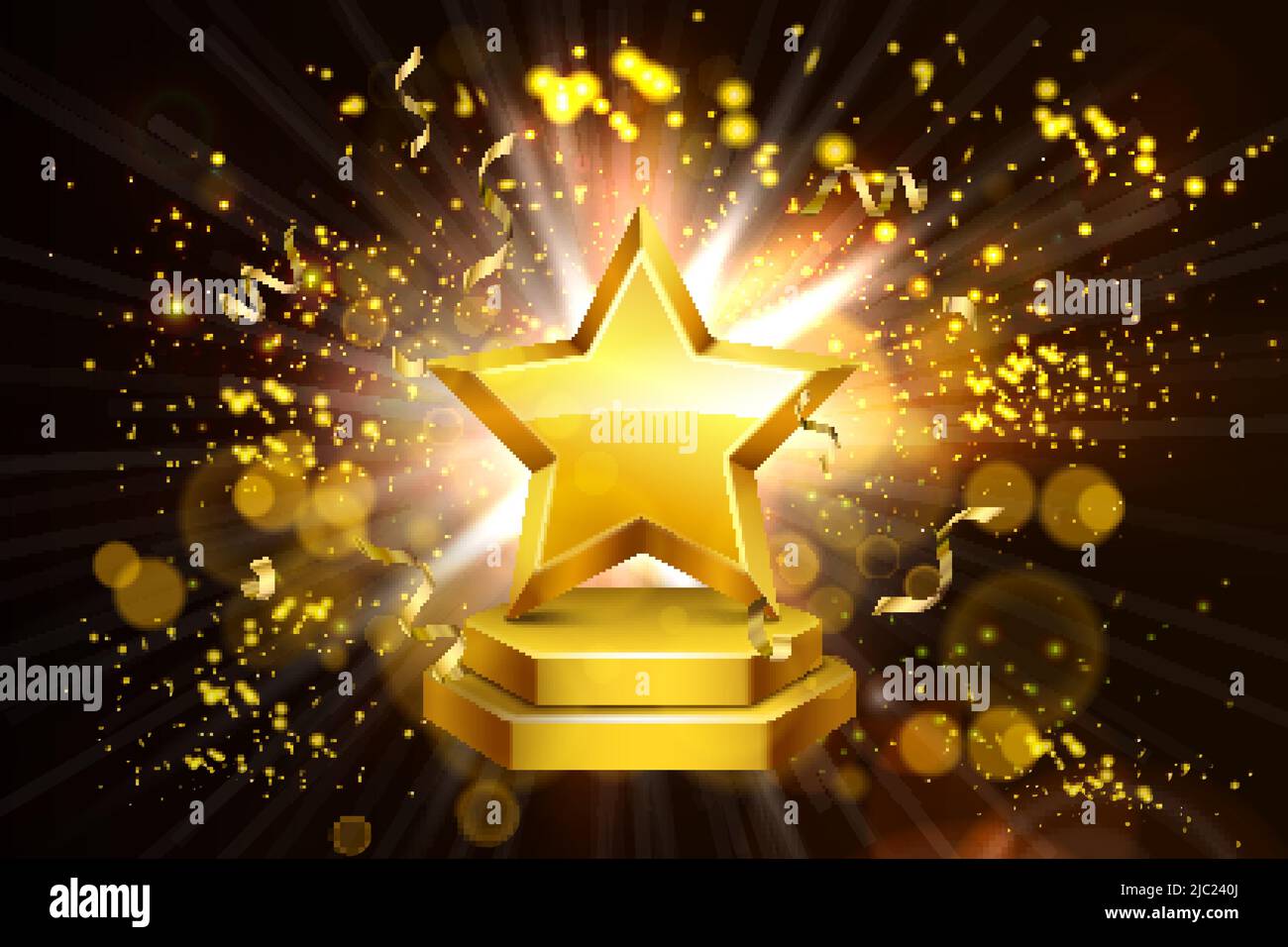 Realistic awards composition of shining star with golden particles and ...
