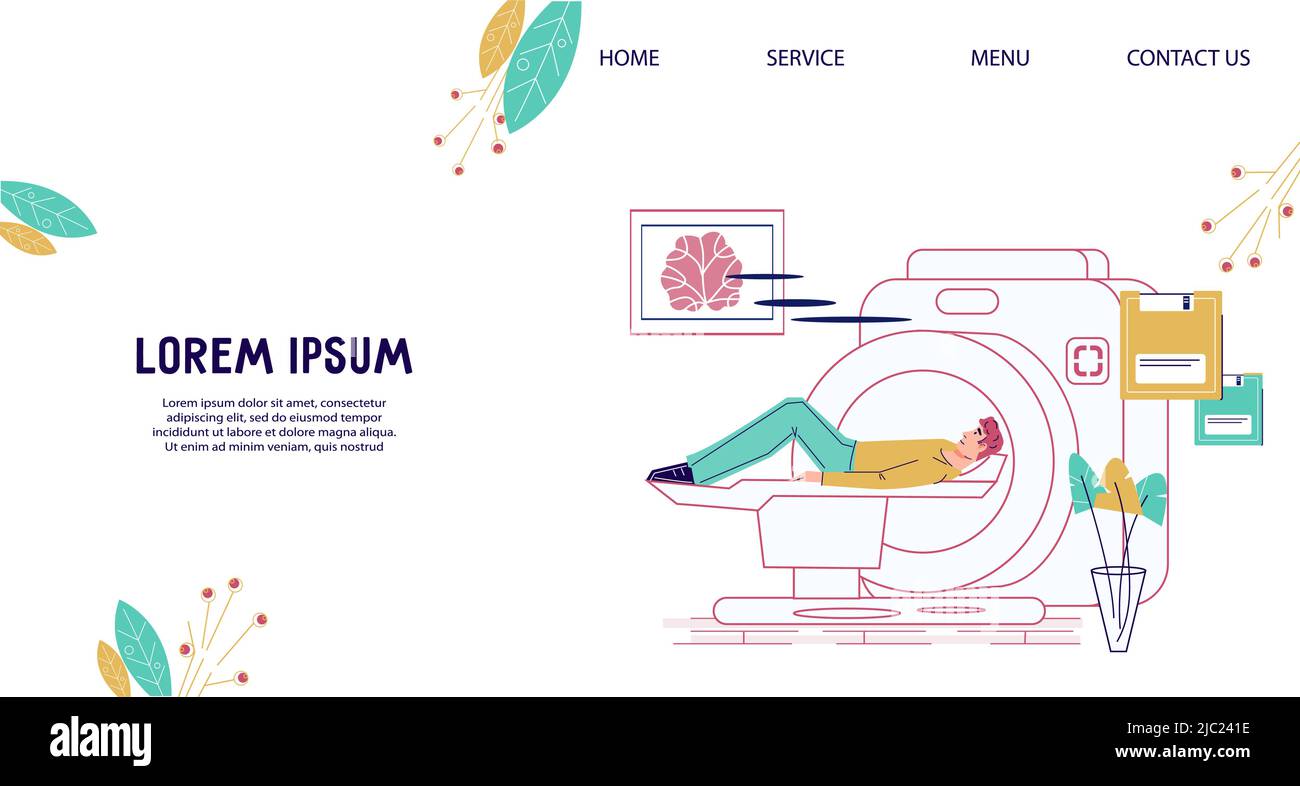Brain tomography exam and health checkup banner with patient in MRI ...