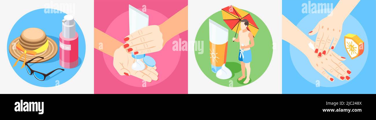 Sunscreen isometric design concept with 4x1 set of compositions with ...