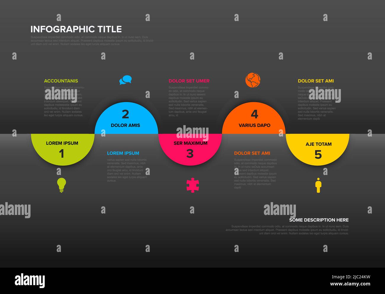 Vector process progress template diagram schema with five steps icons ...