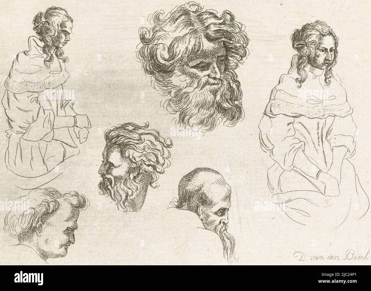 Study Sheet With Heads and Women's Bodies, print maker: D. van den ...