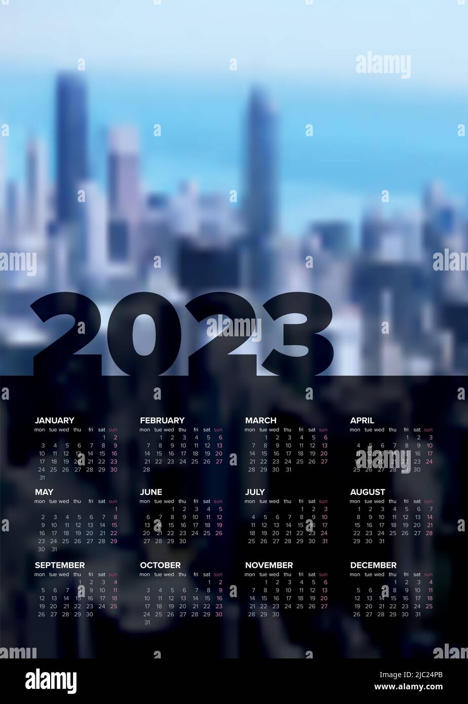 Vector black vertical calendar layout template for the year 2023 (weeks ...