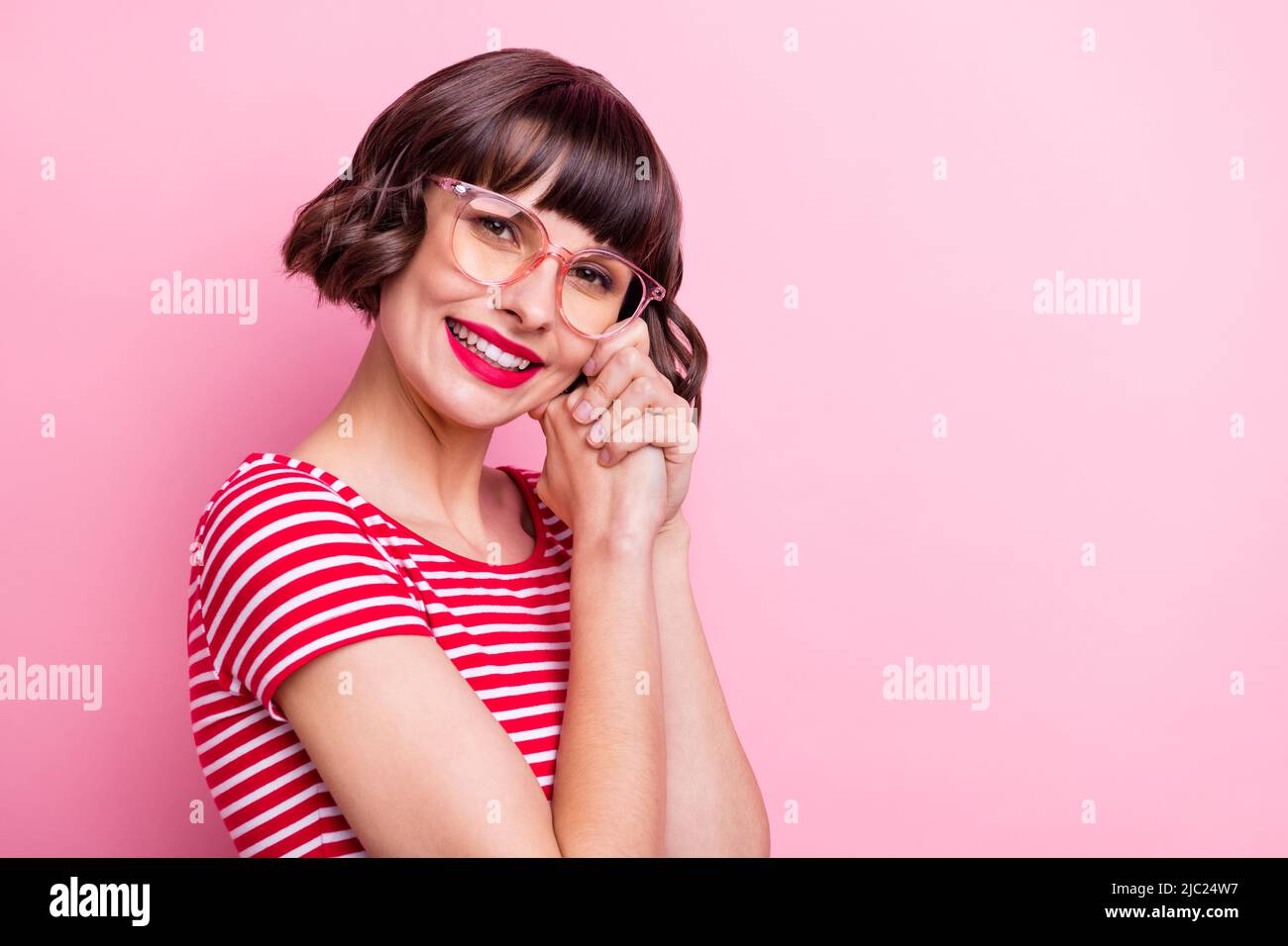 Photo portrait girl in spectacles smiling cute overjoyed isolated ...