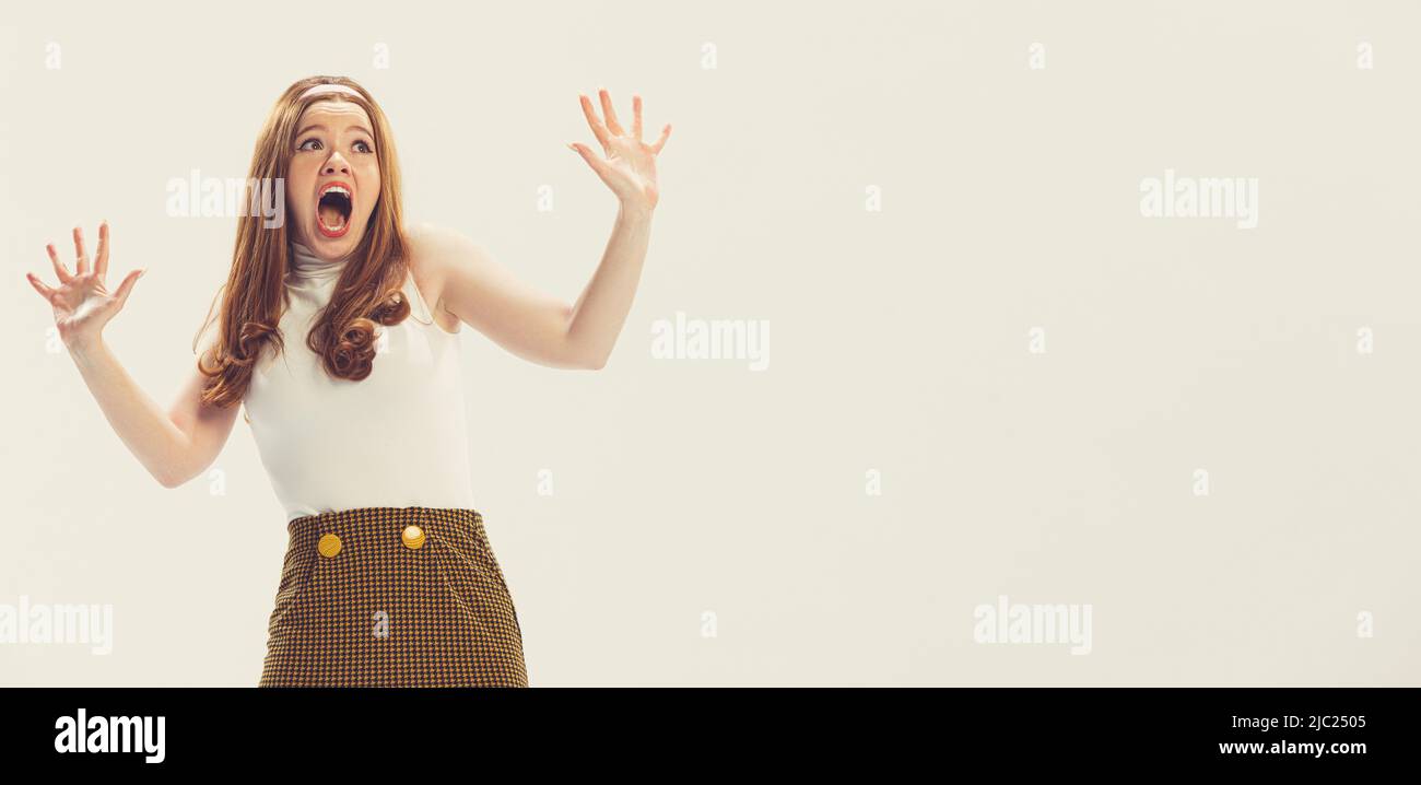 Young scared girl retro, 70s, 80s fashion style clothes, vintage outfit ...