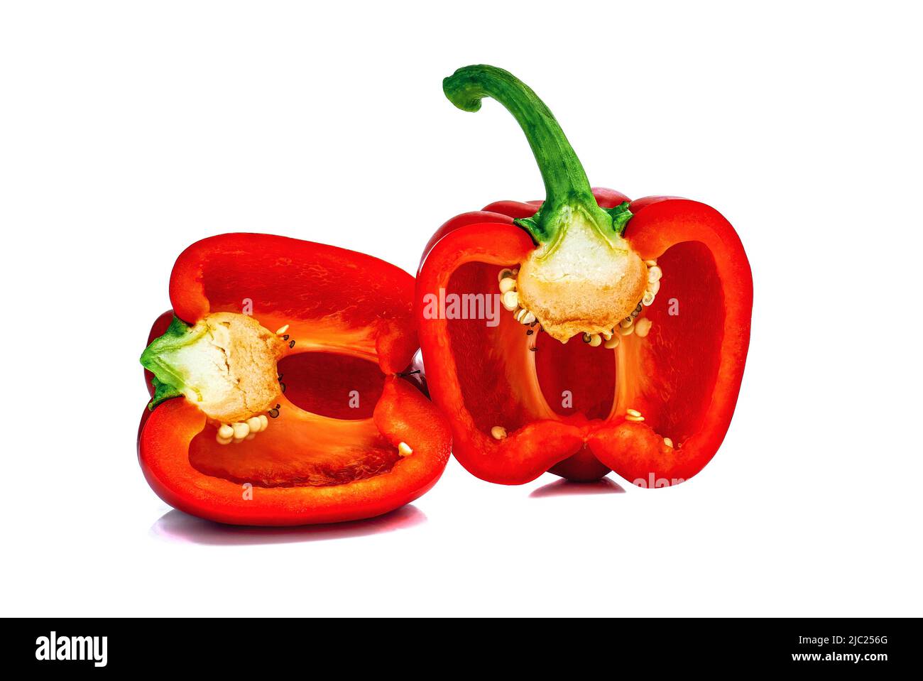 two halves of red bell pepper isolated on white background Stock Photo ...