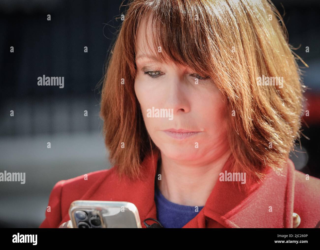 Kay Burley (r), presenter, Sky news journalist and author, in Downing ...