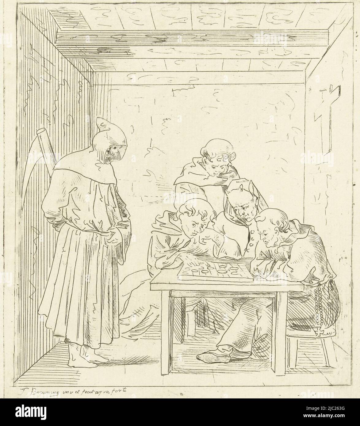 Two monks are sitting at a table playing checkers. Behind them is a ...