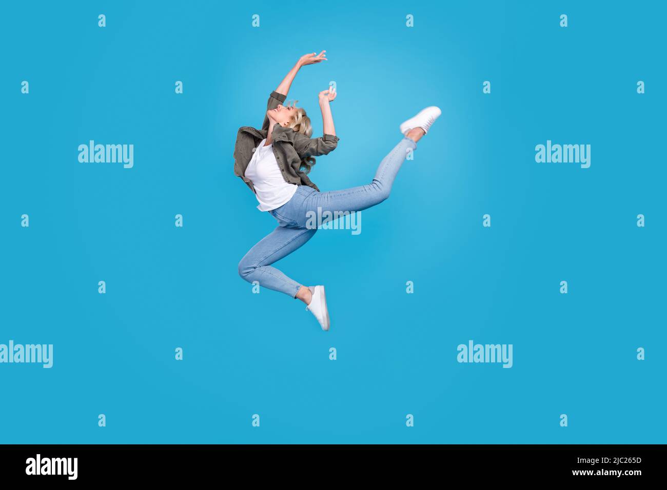 Full length body size photo woman jumping up gracefully isolated pastel ...