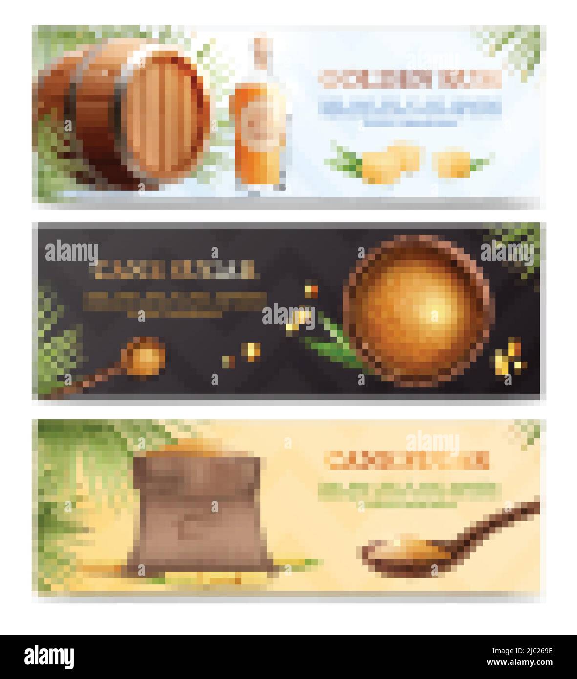Three horizontal cane sugar realistic banner set with golden rum and ...