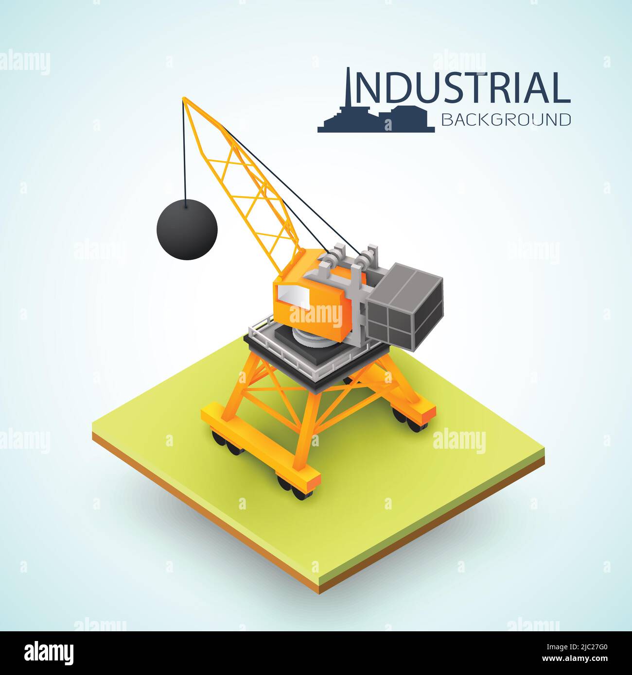 3d isometric excavator and crane with wrecking ball for demolition ...