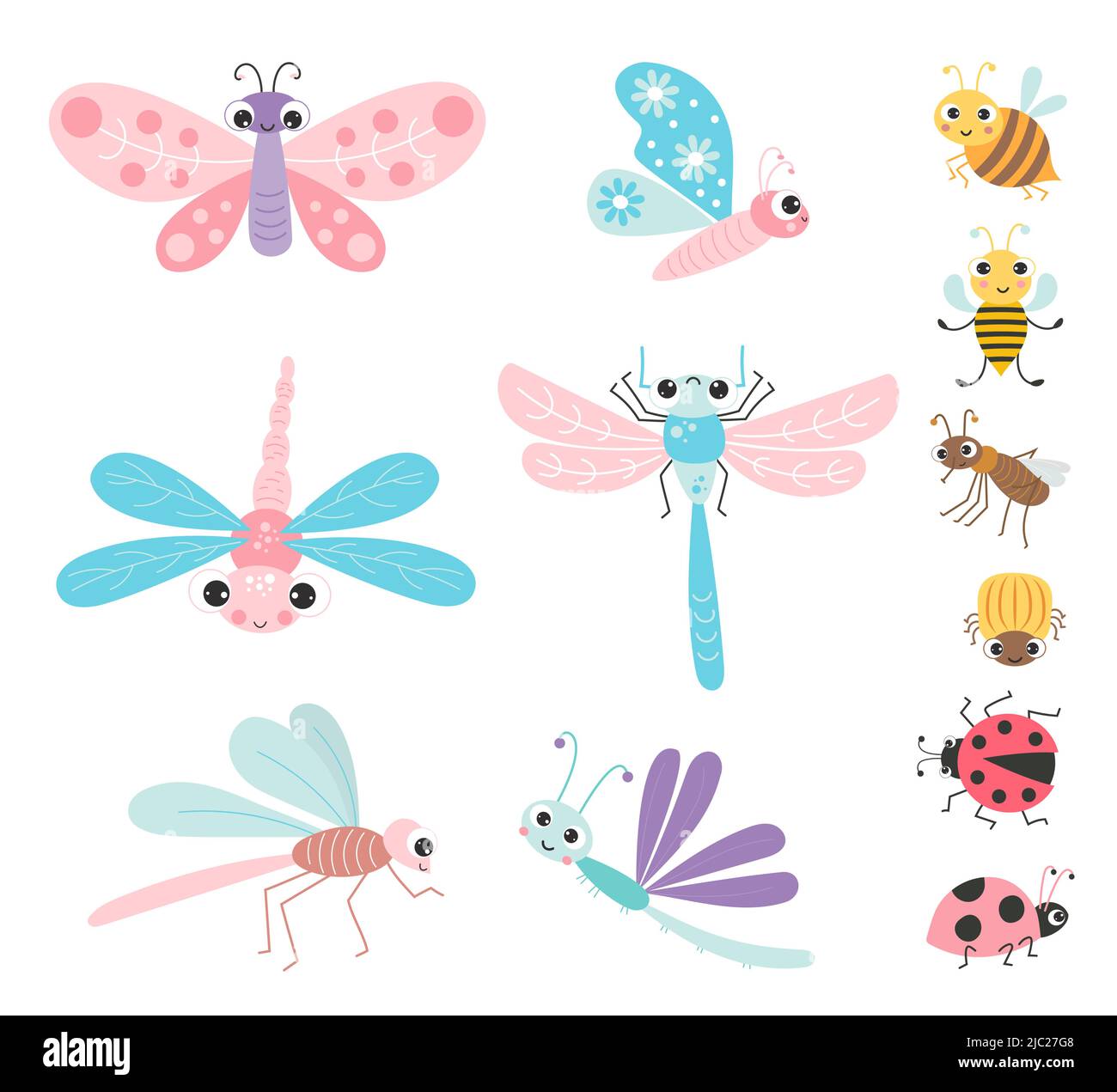 Collection of cute winged insects and beetles. Funny characters ...