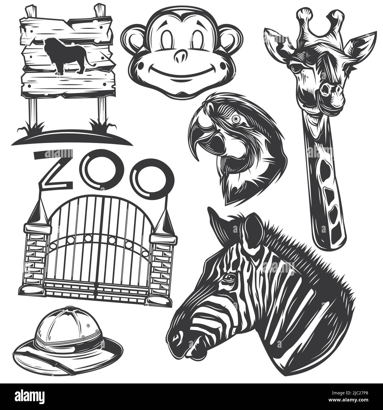 Group Of Zoo Animals Clipart Black And White
