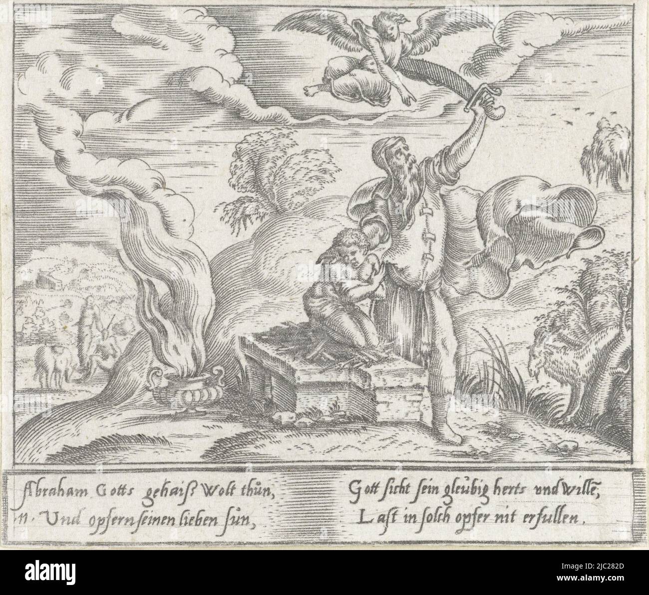 An angel stops Abraham who is just about to sacrifice his son Isaac ...