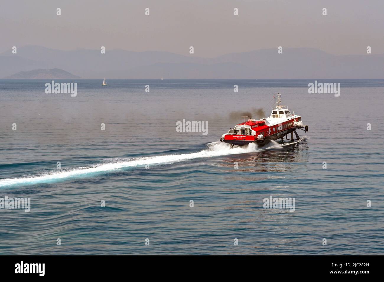 Aegina, Greece, - May 2022: Fast hydrofoil ferry accelerating with ...