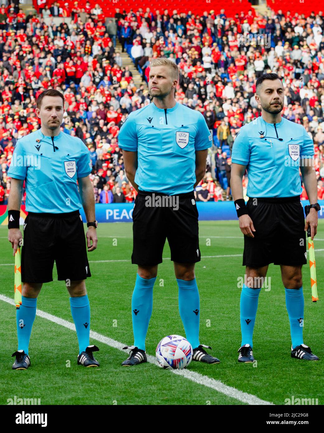 CARDIFF, WALES - 08 JUNE 2022: Assistant Referee Mahbod Beigi, Andreas ...
