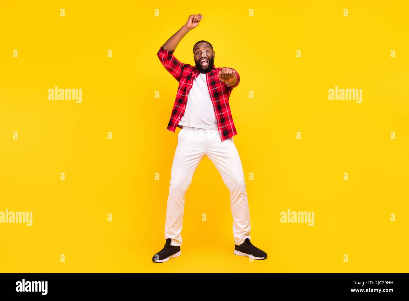 Full body photo of amazed excited cool afro american man cowboy ride ...
