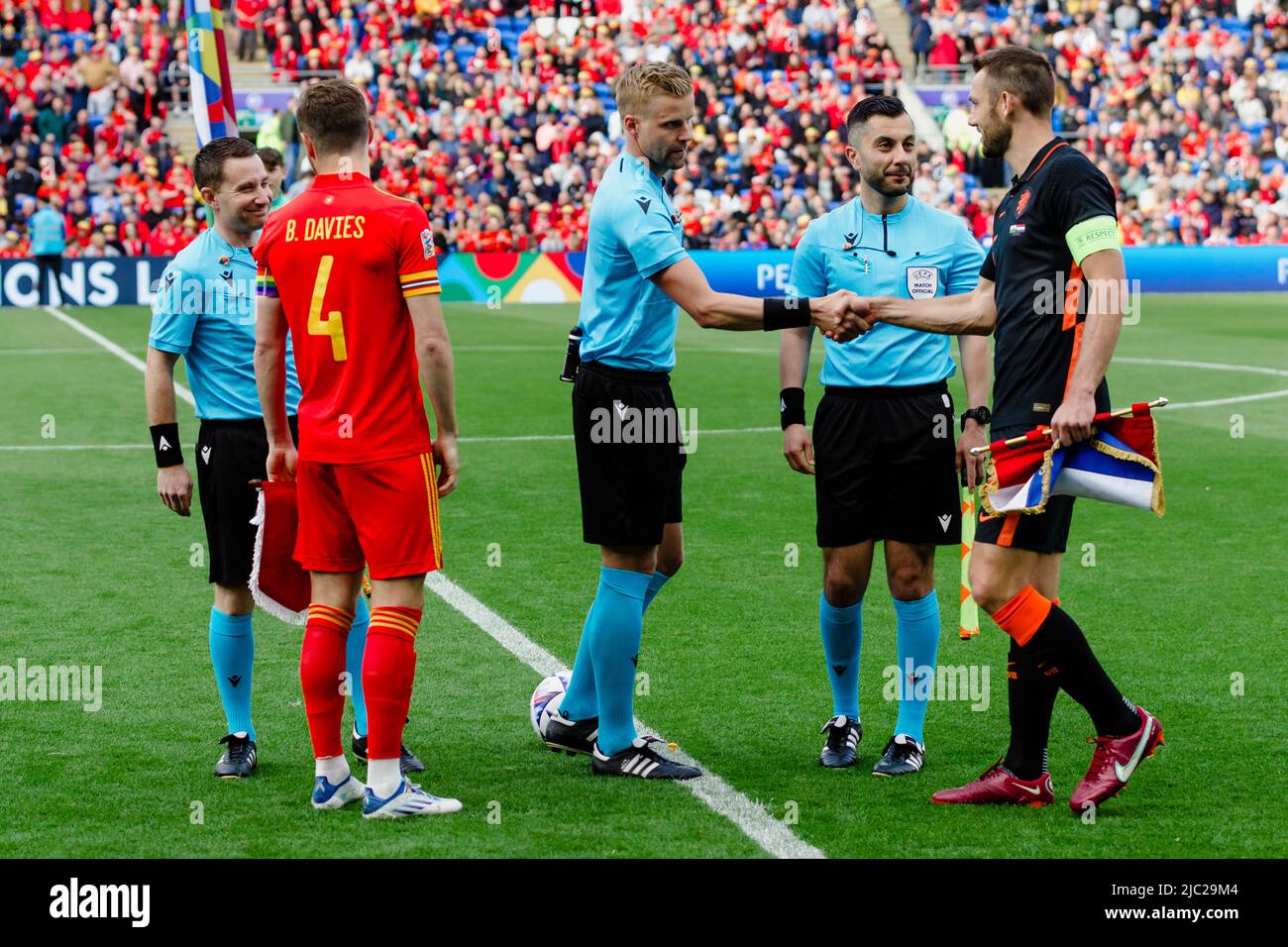 CARDIFF, WALES - 08 JUNE 2022: Assistant Referee Mahbod Beigi, Andreas ...