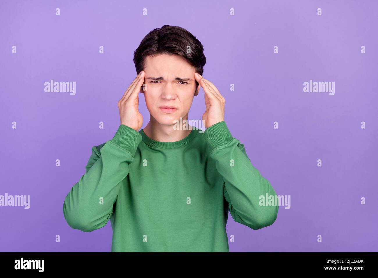 Photo of young guy hands touch head pain suffer headache unwell ...