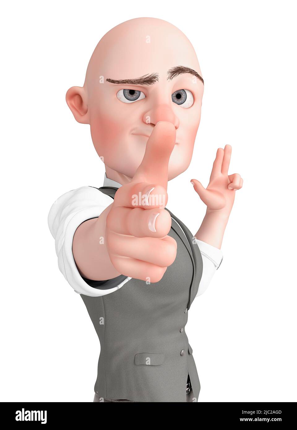 bald businessman cartoon is doing a gun finger pose, 3d illustration ...