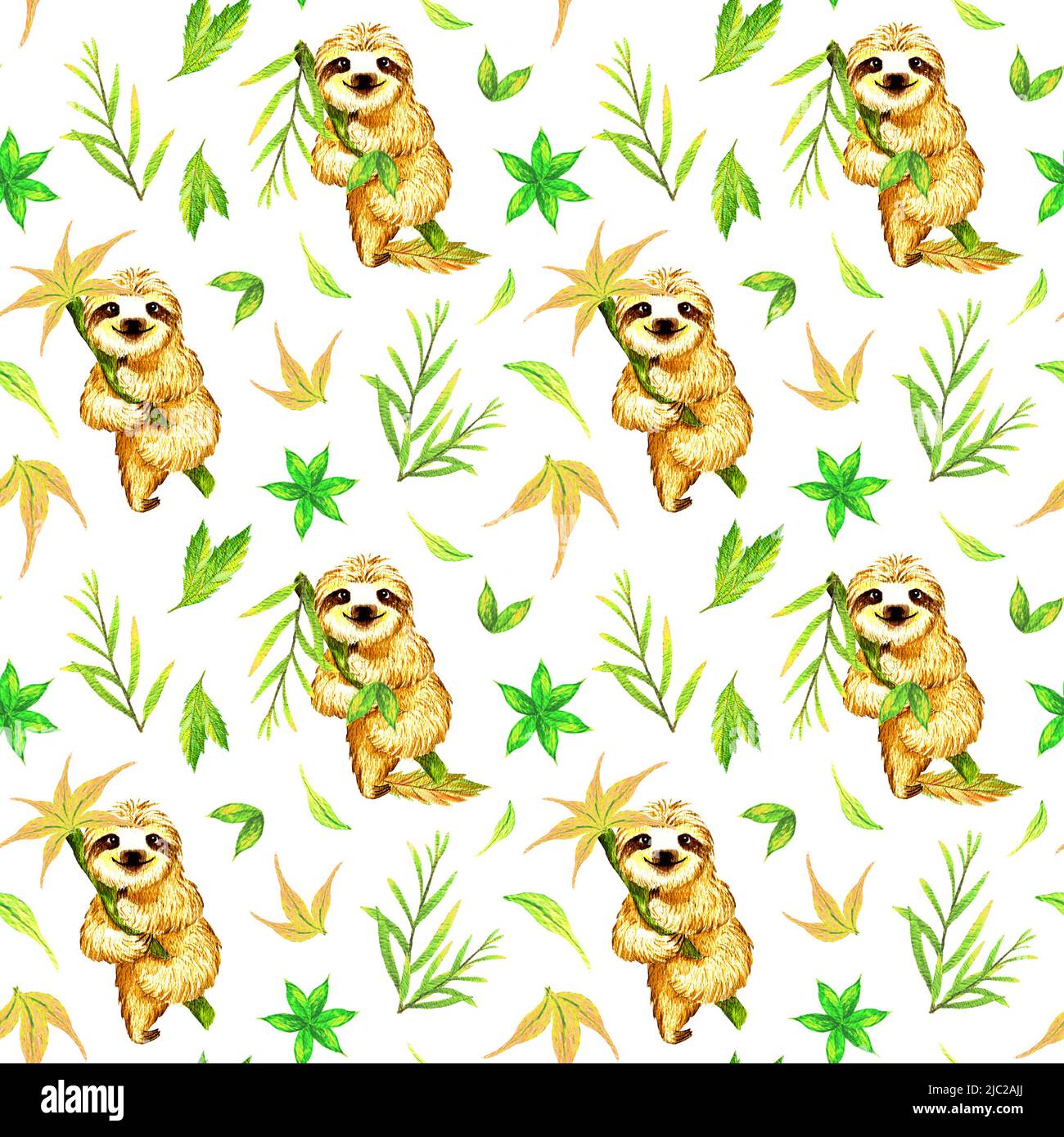 Watercolor seamless pattern with Sloth on the Branch. Cute Fluffy Sloth ...