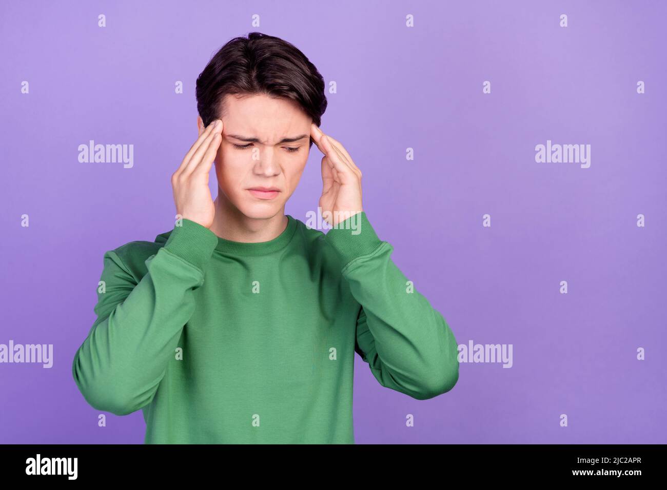 Photo of young man hands touch head unhealty symptom flu headache ...