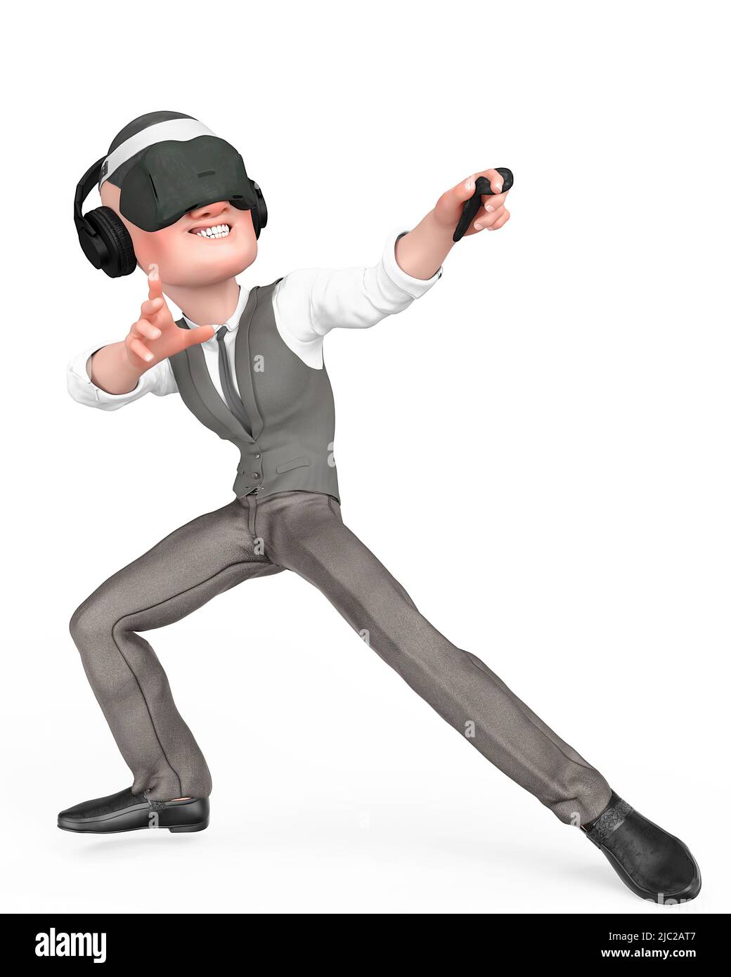 bald businessman cartoon is having a vr happy experience full body view ...