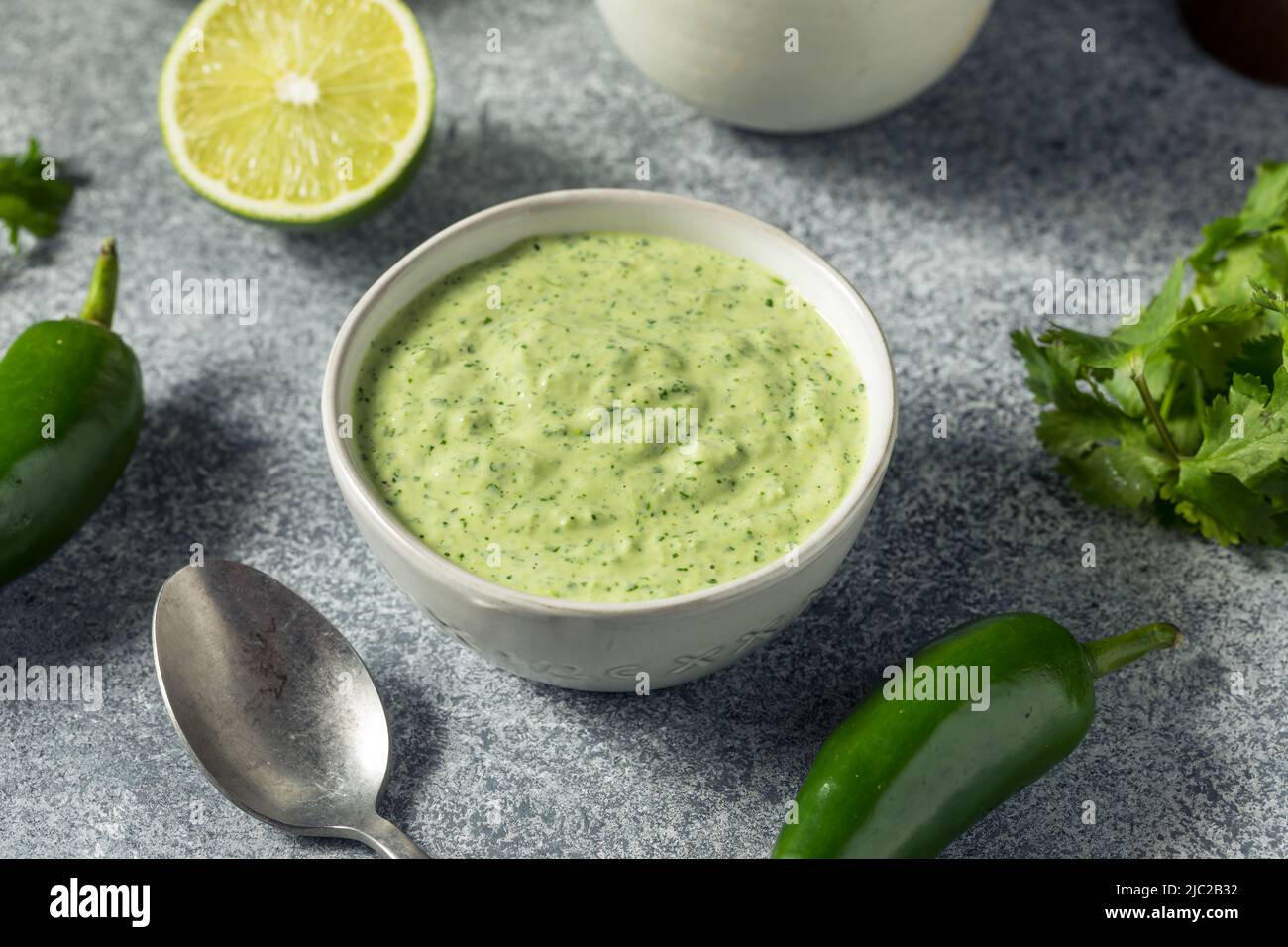 Homemade Peruvian Aji Verde Sauce with Lime Cilantro and Jalapeno Stock ...