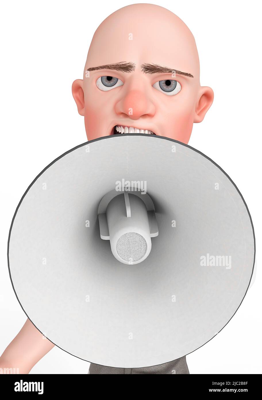 bald businessman is protesting and holding a bullhorn close up view, 3d ...