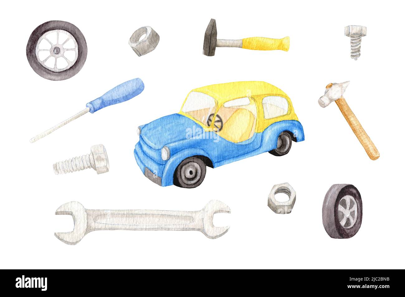 Watercolor set with hand tools for a car and a blue yellow car. Hammer ...