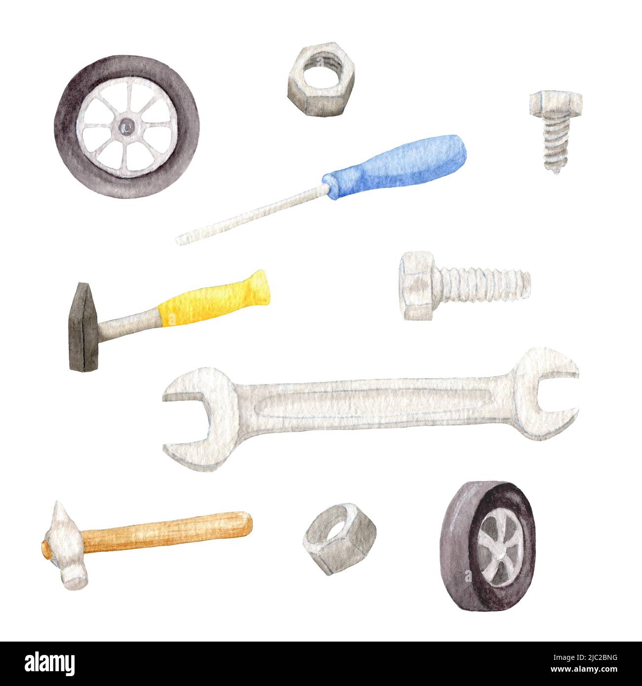 Watercolor hand tools for mechanics. Machine repair. Nuts and hammers ...