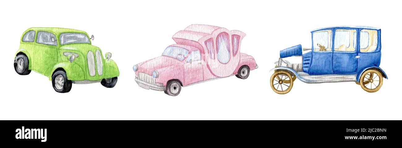 Watercolor set with cars. Red, blue and green watercolor retro cars ...