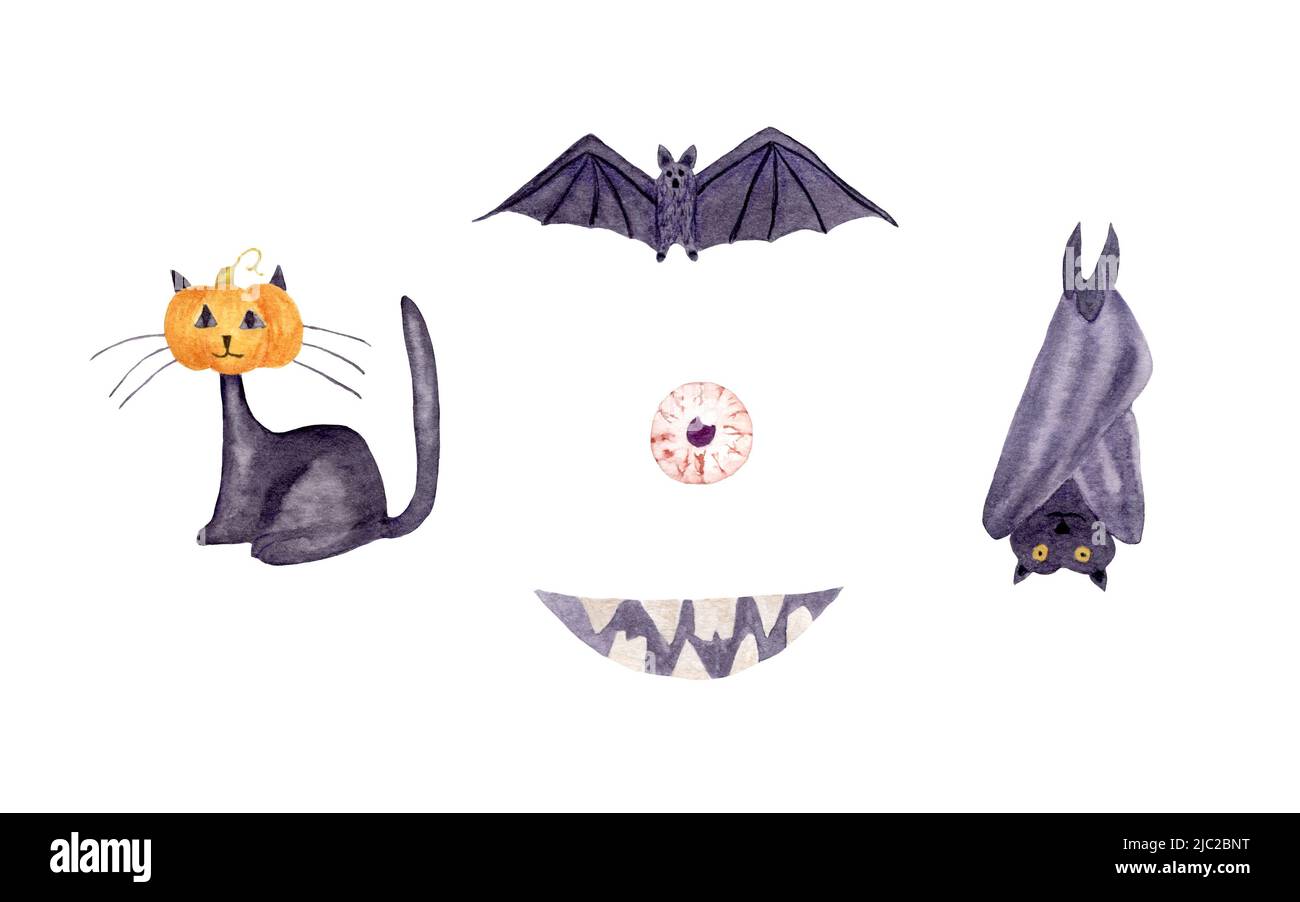 Watercolor Halloween set with a cat, bats, gouged out eye and a toothed ...
