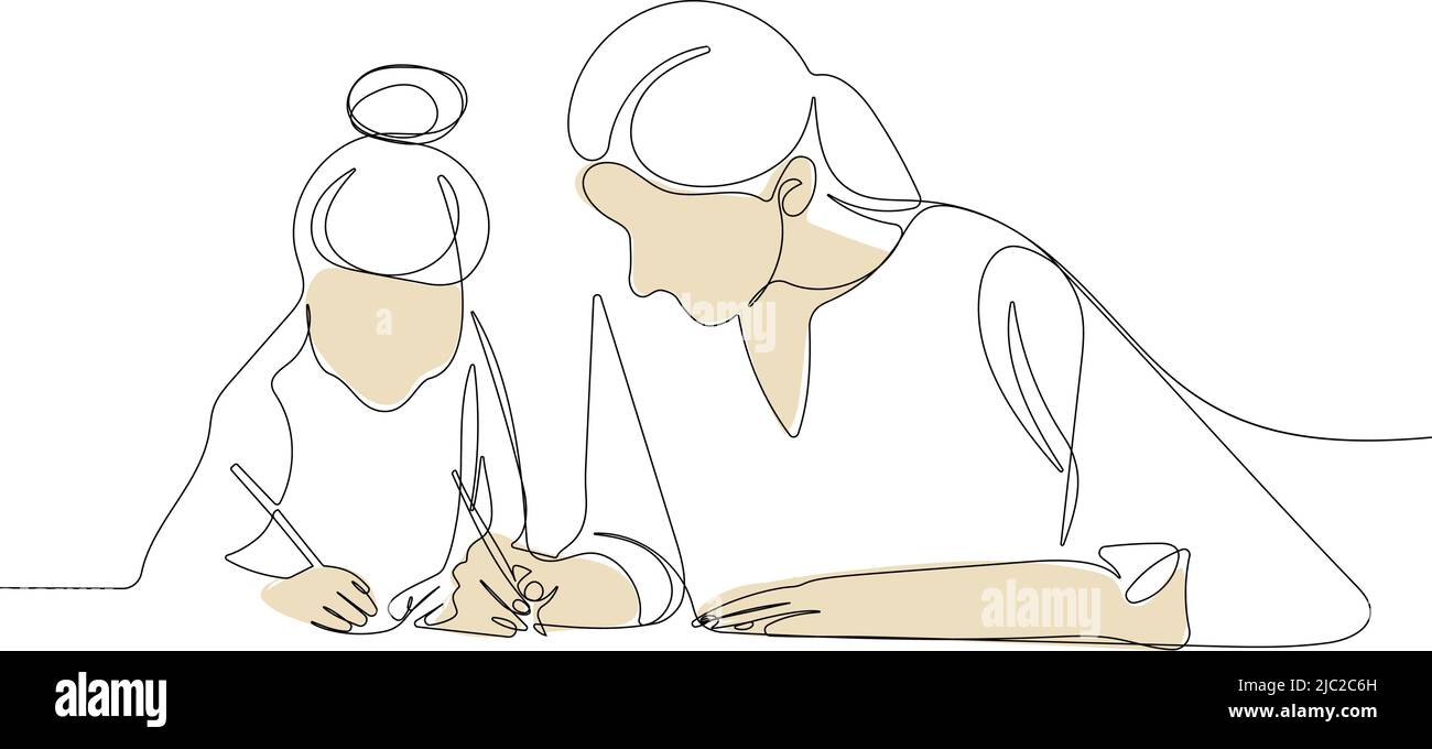 Continuous one line drawing of loving young mother and daughter Stock ...